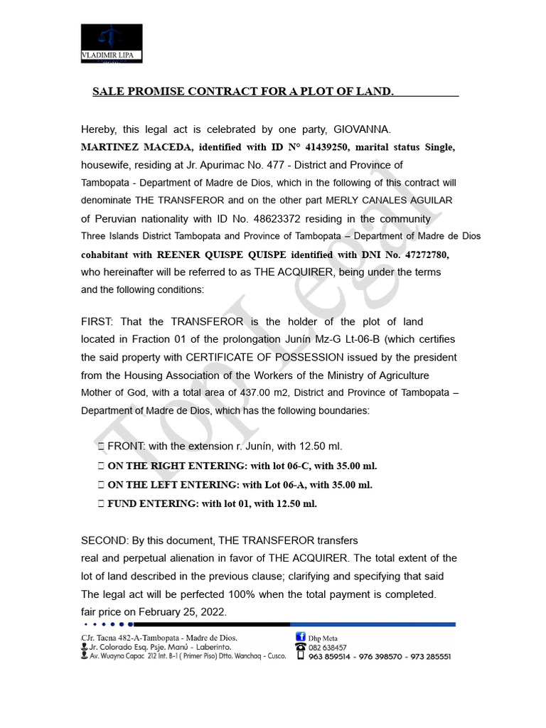Contract For The Transfer of Possession and Improvements of Lot | PDF ...