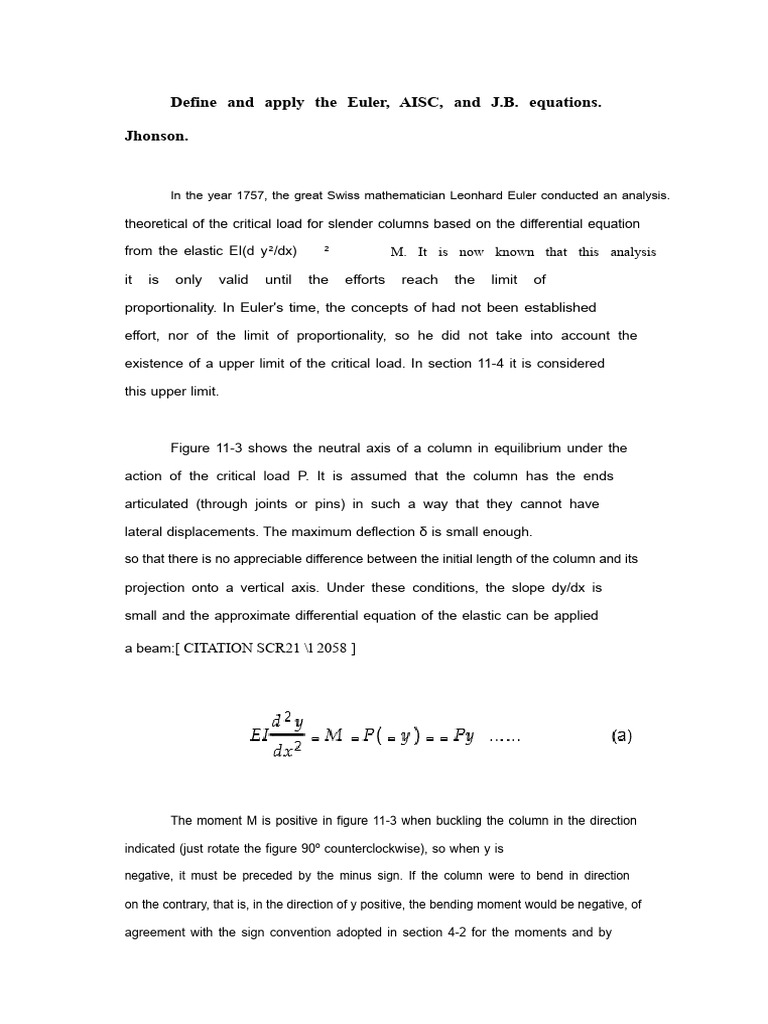 Define and Apply The Euler, AISC, and J. B. Johnson Equations. | PDF ...