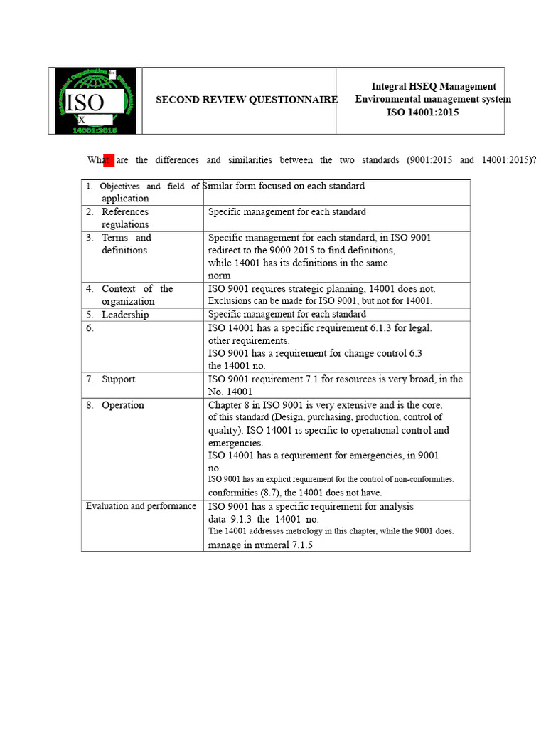 Second Review Questionnaire ISO 14001-2015 SGA | PDF | Sustainability ...