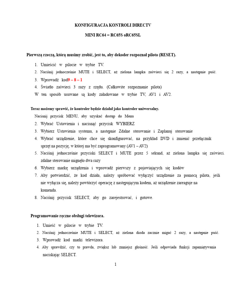Programowanie Pilota RC65SL 1 | PDF