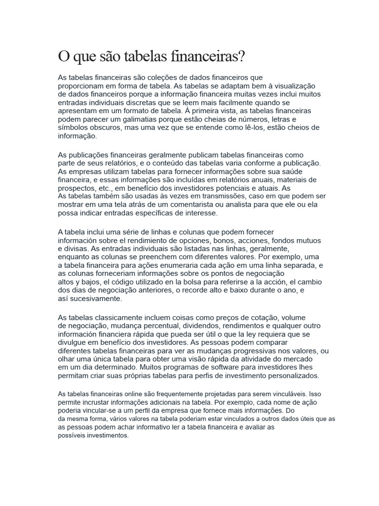 Entenda Tabelas Financeiras e Seus Usos | PDF | Mercado de câmbio