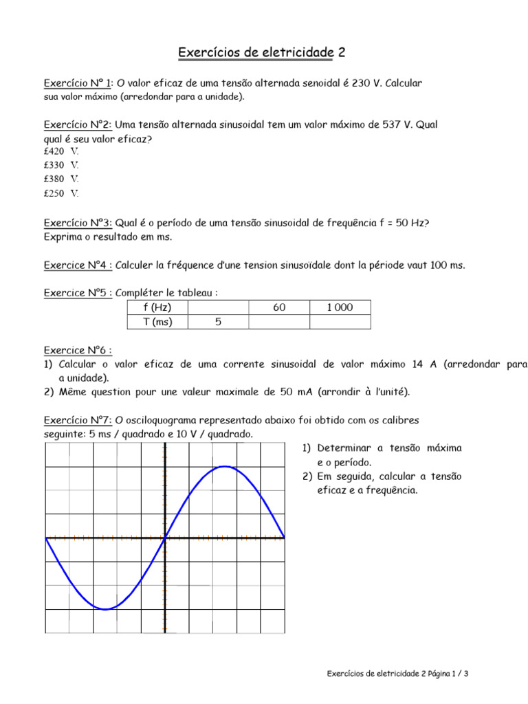 Exercícios_de_electricidade_2 | PDF | Corrente alternada | Onda senoidal
