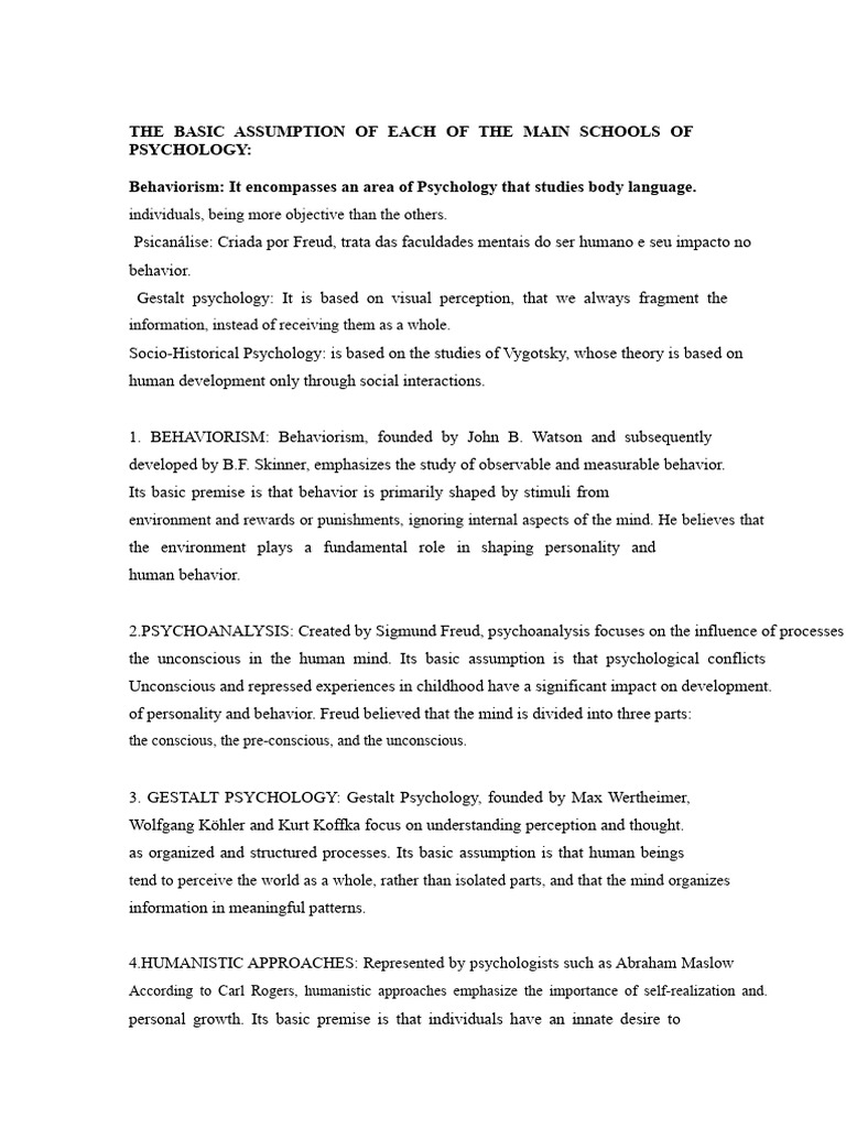 The Basic Assumption of Each of The Main Schools of Psychology | PDF ...