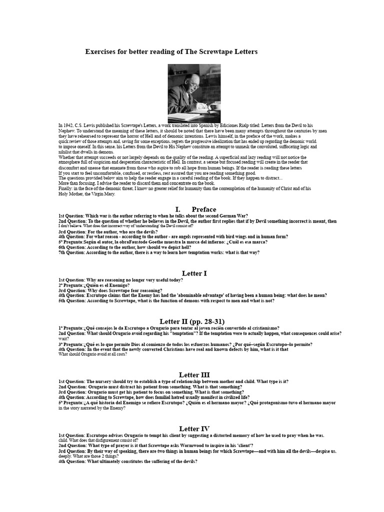 Exercises For Better Reading of The Screwtape Letters | PDF | Satan | Devil