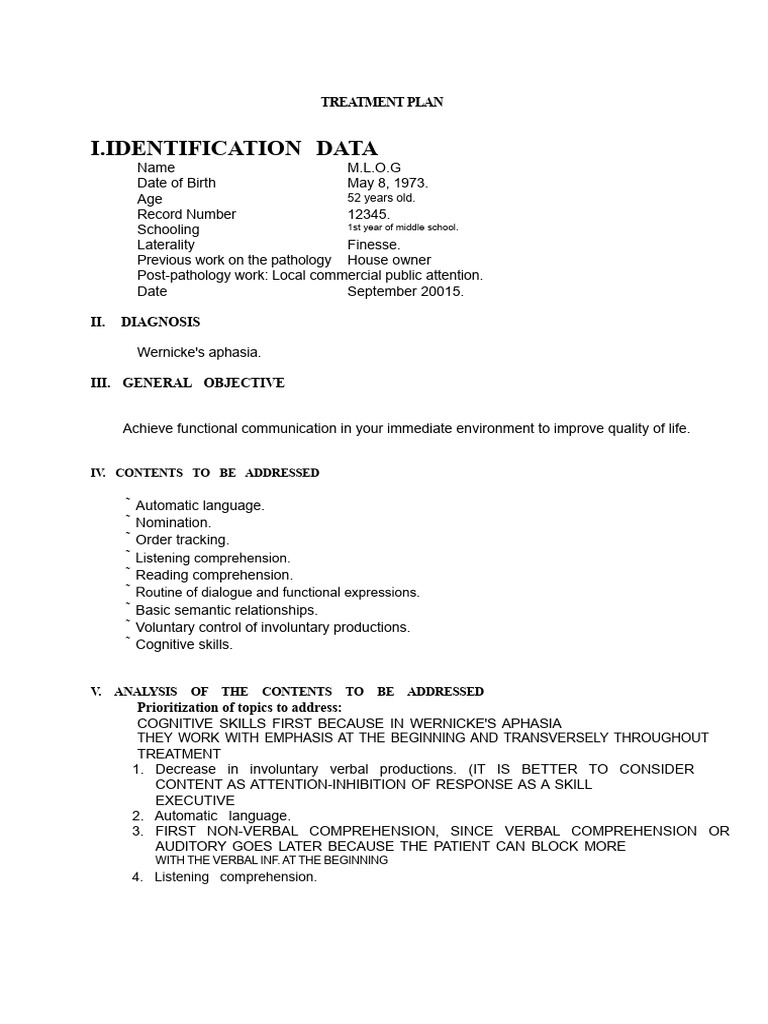 Wernicke's Aphasia Treatment Plan | PDF | Aphasia | Reading Comprehension
