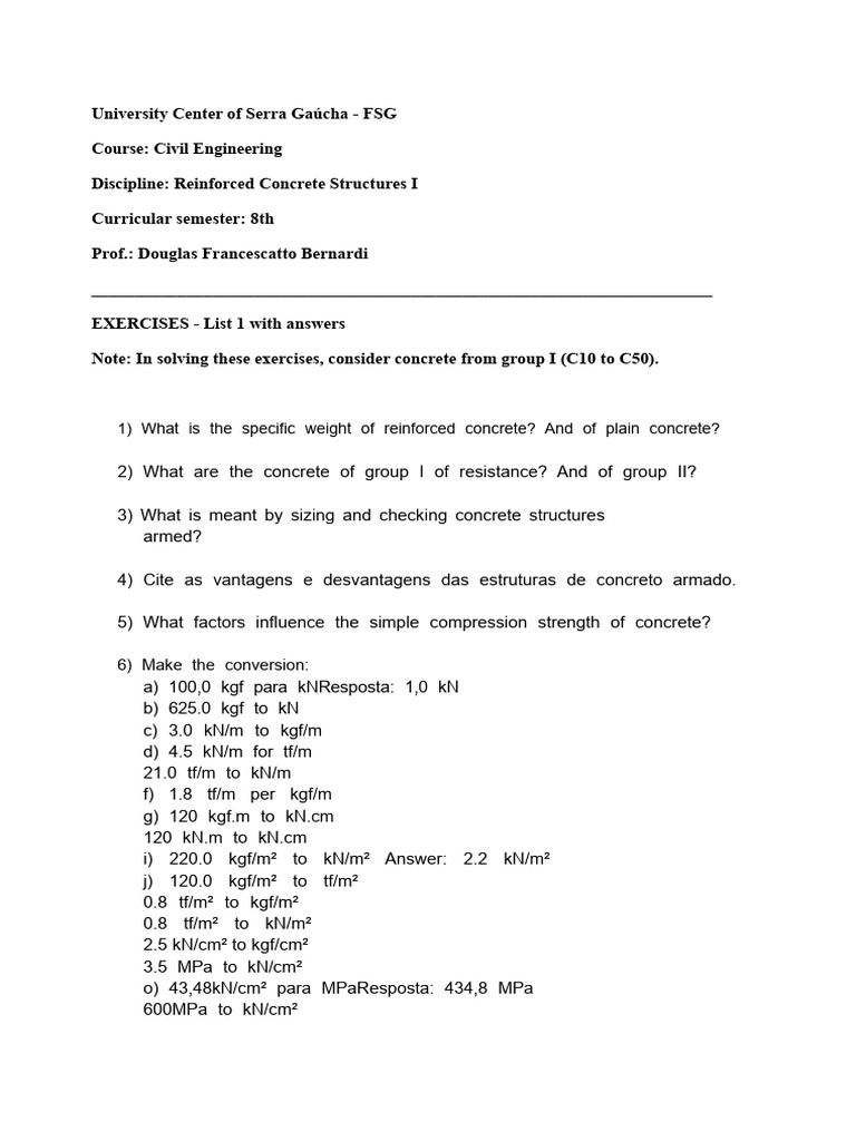 Concrete I - Exercises - List - 1 - With - Answers | PDF | Deformation ...