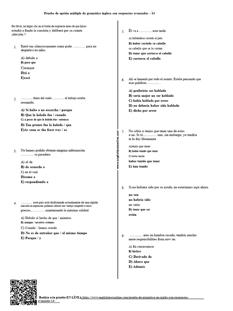 Prueba Avanzada de Gramática Inglesa 14 | PDF | Gramática inglesa