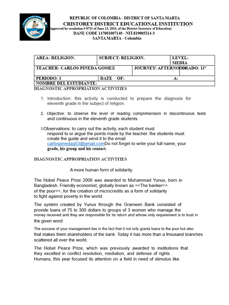 Diagnostic Test Religion Grade 11 | PDF | Microcredit | Cognition