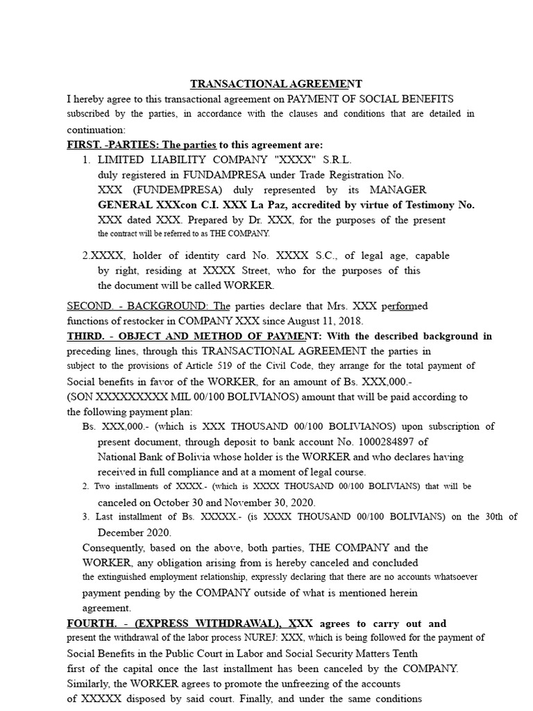 Transactional Agreement (Labor) | PDF | Payments | Civil Law (Legal System)