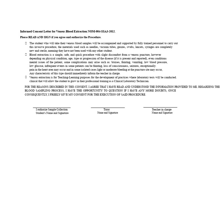 Informed Consent Letter For Venous Blood Extraction - Clinical Academy ...