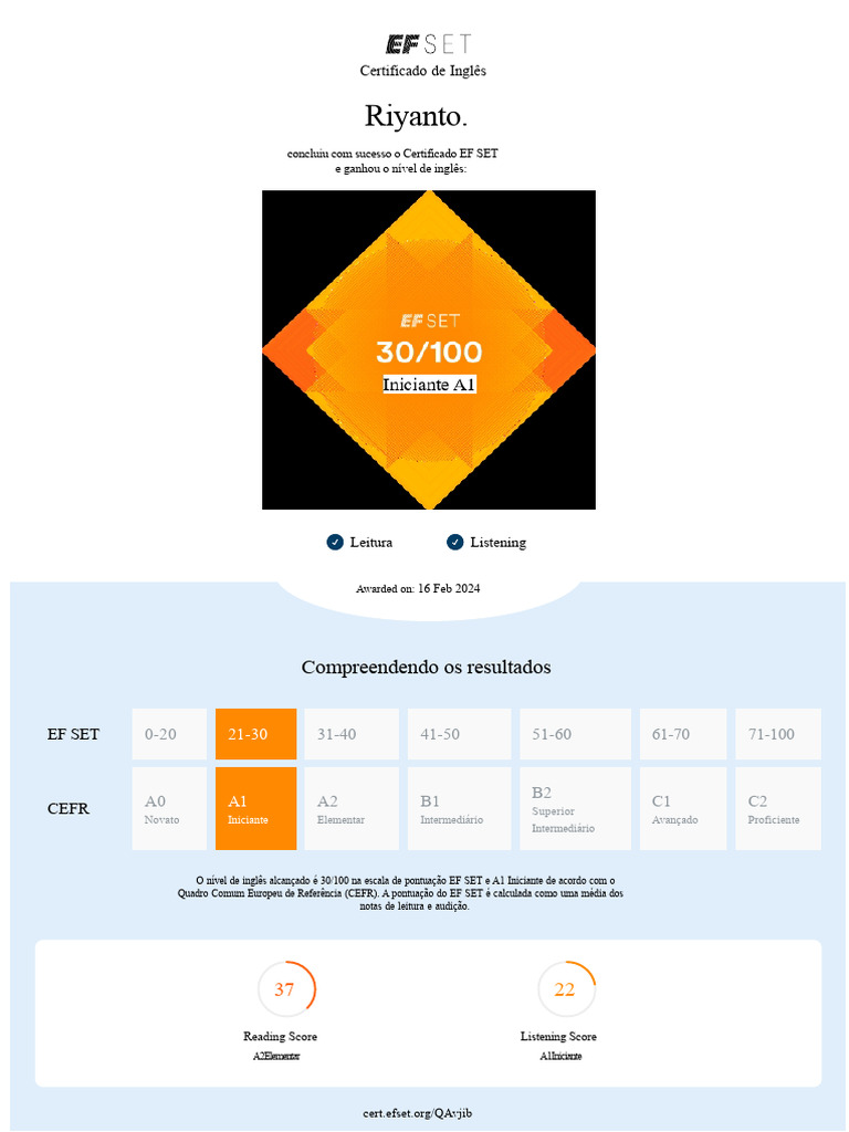 Certificado De Inglês Ef Set A1 Pdf