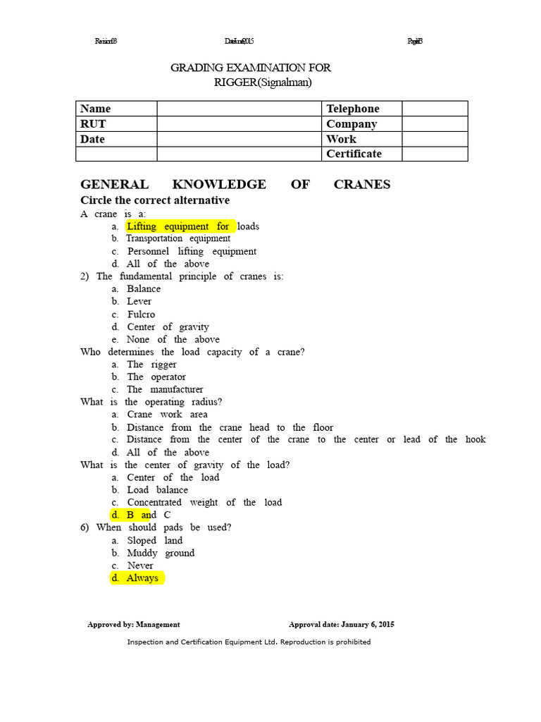 Rigger Signalman Grading Exam Guide | PDF | Crane (Machine) | Pound (Mass)
