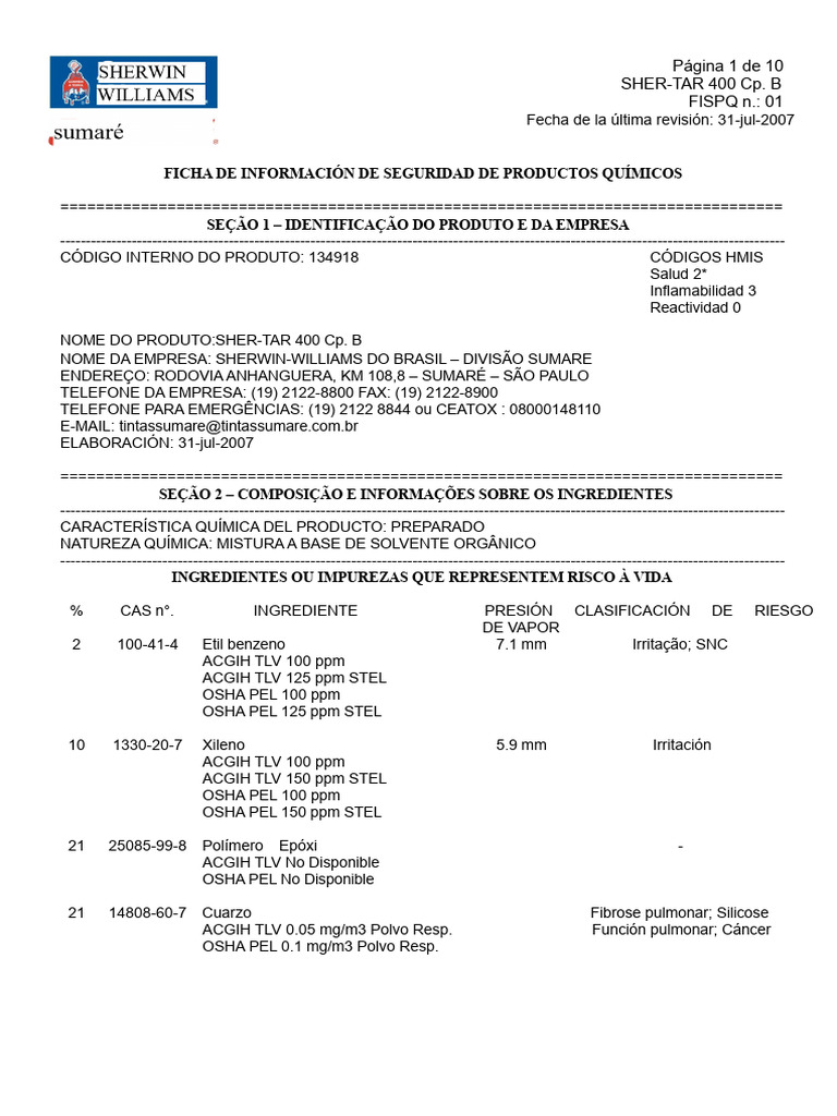 SHER TAR 400 Componente B | PDF | Compuesto orgánico volátil | Solvente