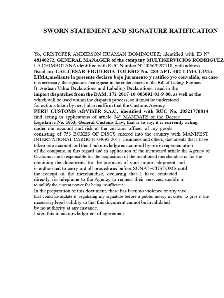 Sworn Declaration and Signature Ratification | PDF | Legal Documents ...