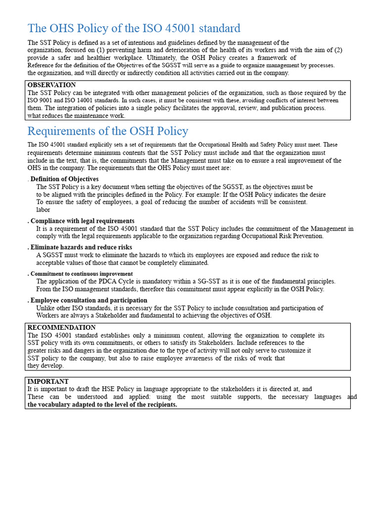 The SST Policy of The ISO 45001 Standard | PDF | Occupational Safety ...