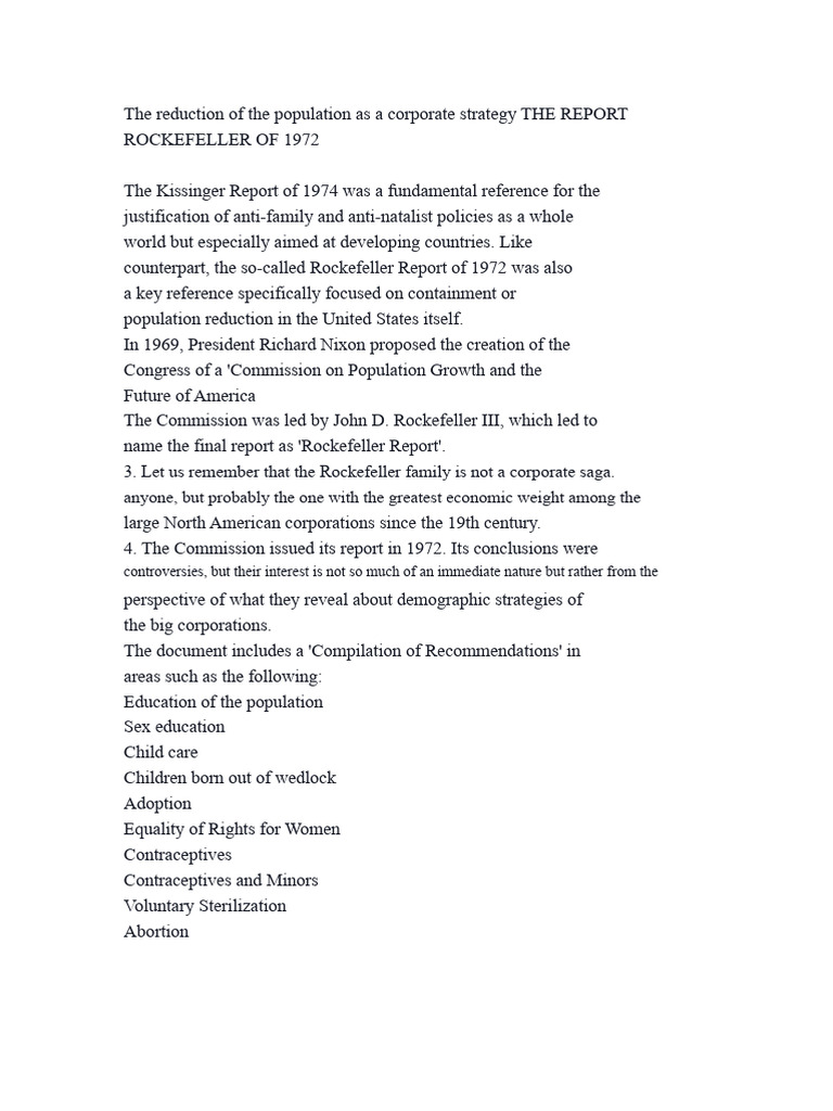 Population Reduction As A Corporate Strategy THE ROCKEFELLER REPORT OF ...