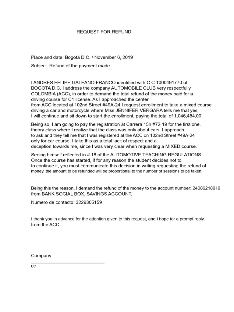 Request For Refund of Money Acc | PDF