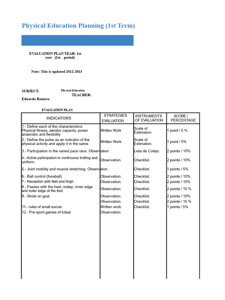 1st Term Physical Education Evaluation Plan | PDF | Team Sports | Ball ...