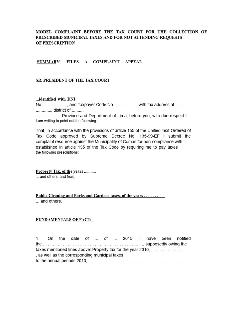 Model of Complaint Before The Tax Court | PDF | Guarantee | Complaint