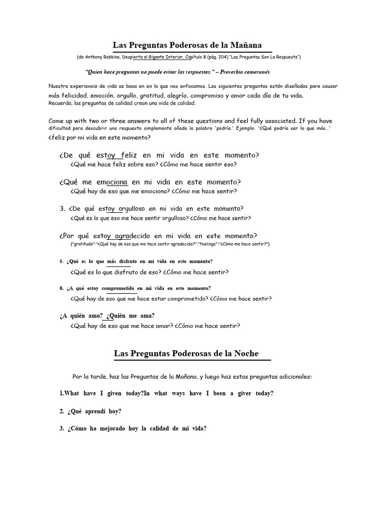 Anthony Robbins Las Preguntas Poderosas de La Mañana | PDF