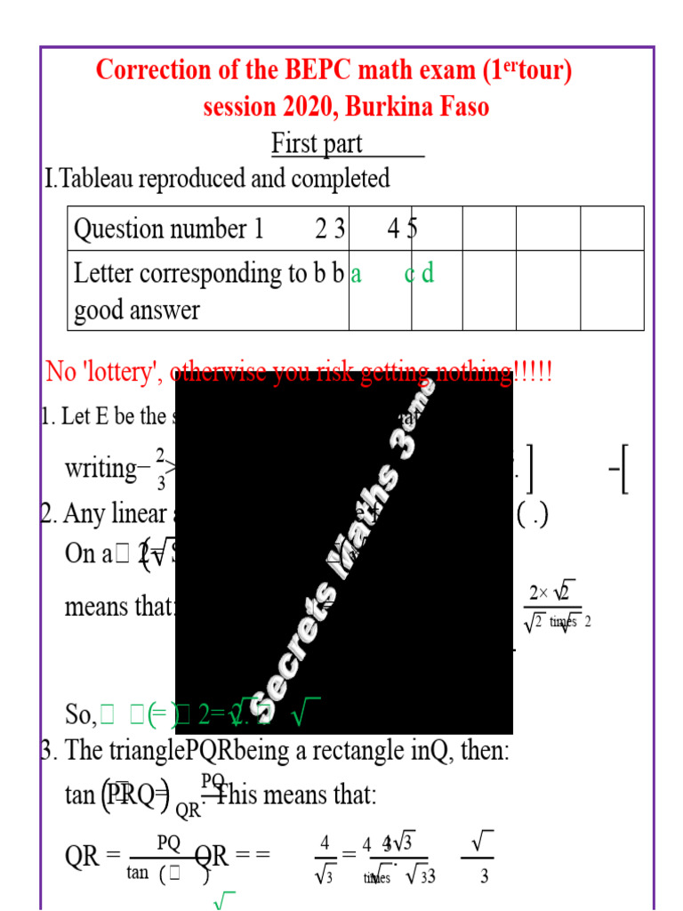 BEPC Math Exam Correction 2020 Burkina Faso | PDF | Mathematics | Tests