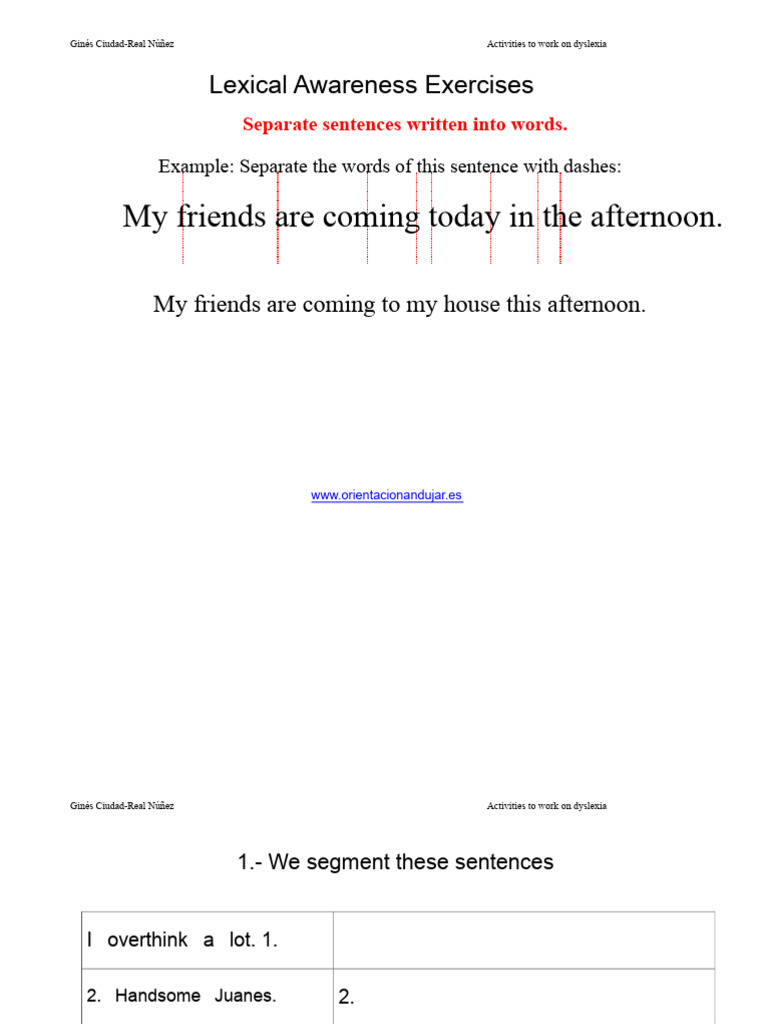 Dyslexia Exercises Segmenting Sentences Into Words | PDF