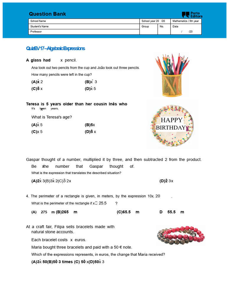 5th Grade Algebra Question Bank | PDF | Elementary Geometry | Mathematics