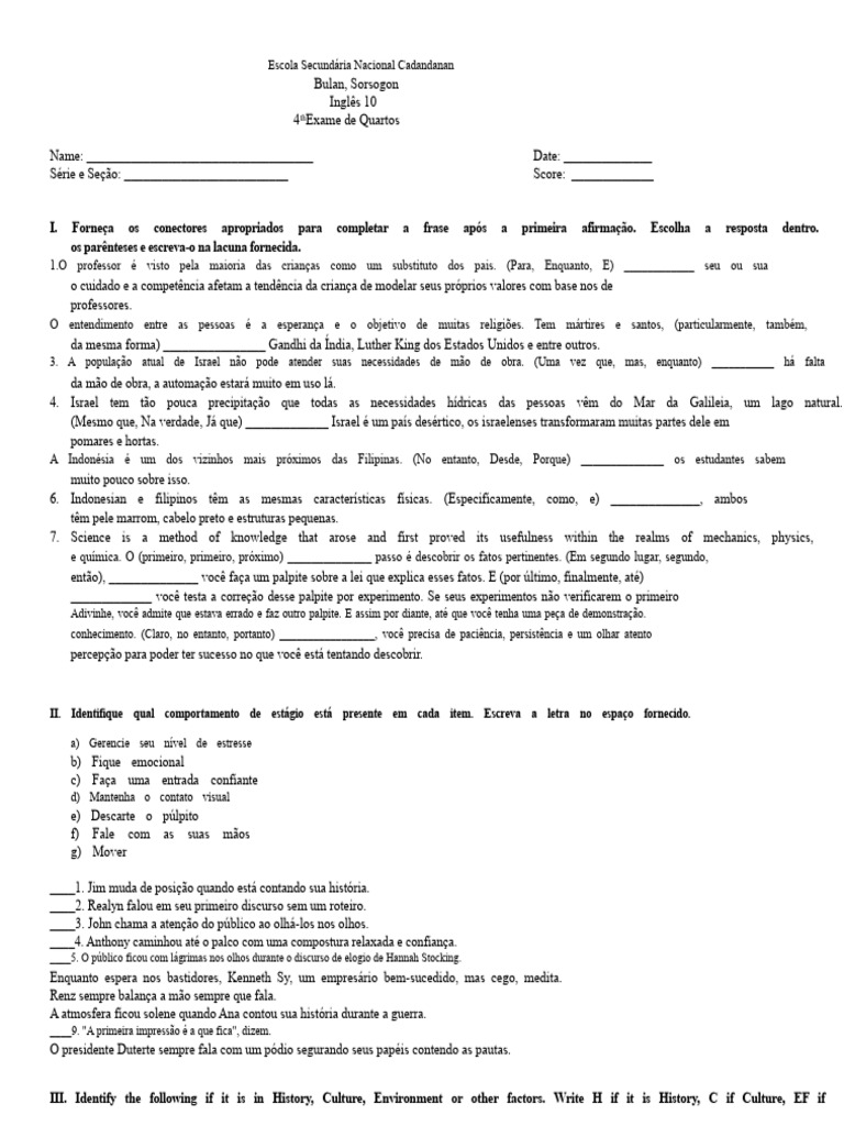 Exame de Inglês 10 - Escola Cadandanan | PDF