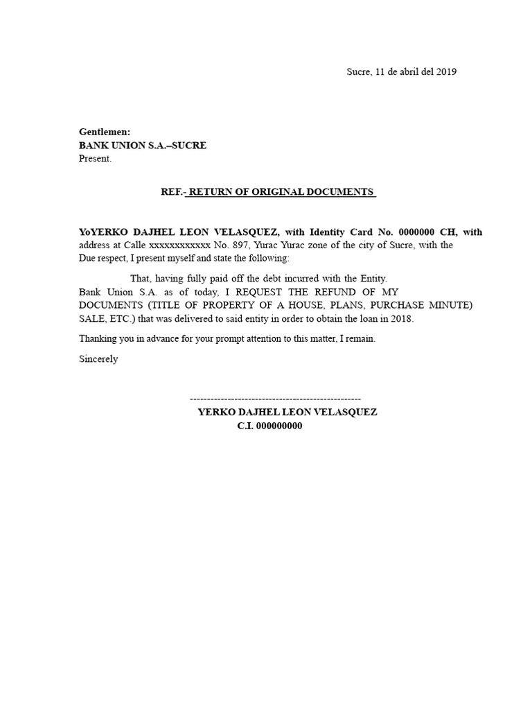 Request To Banco Unión S.A. For Documents Return | PDF