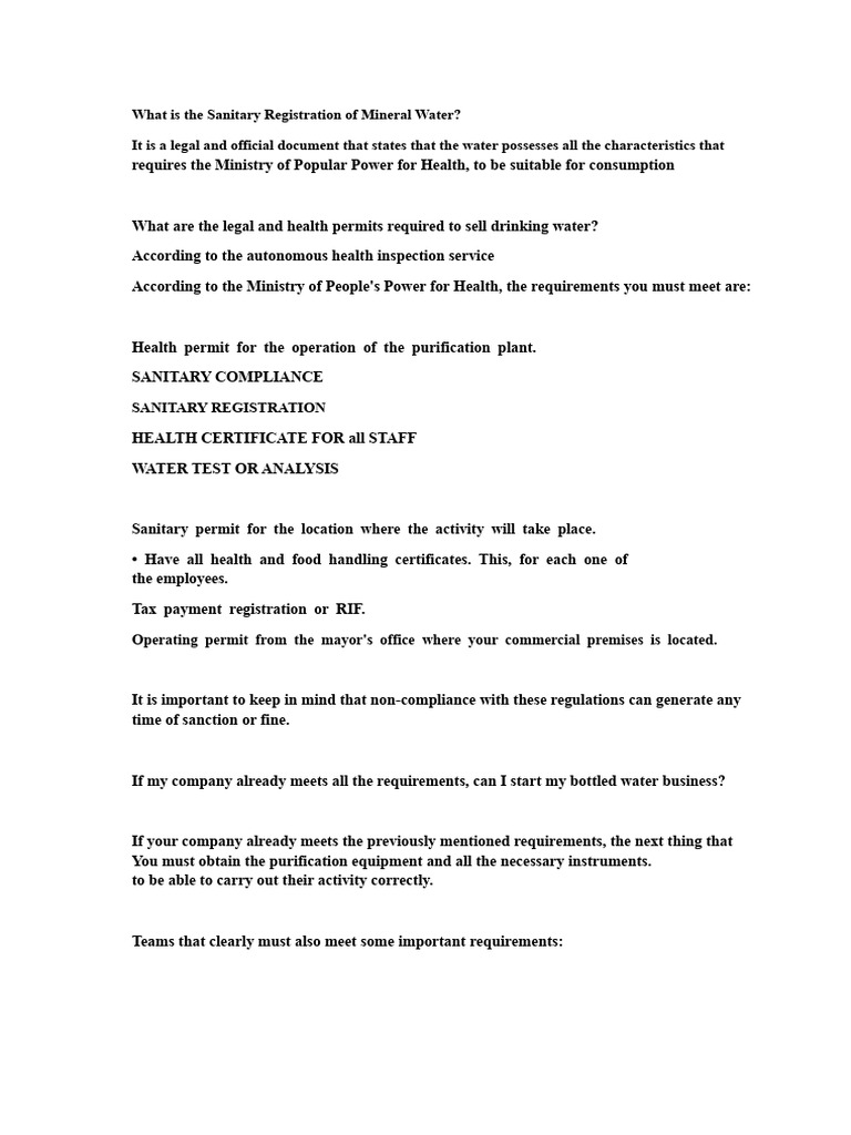 What Is The Sanitary Registration of Mineral Water? | PDF