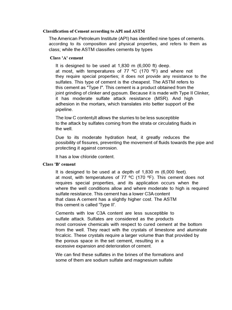 Cement Classification: API vs ASTM | PDF | Cement | Casing (Borehole)