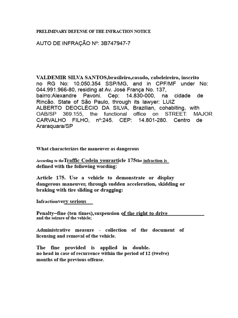 Defense Against Traffic Infraction Notice | PDF | Crimes | Crime & Violence