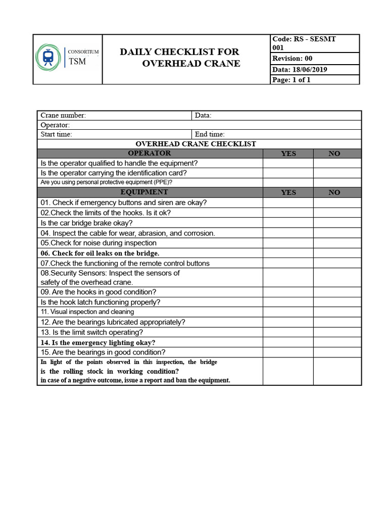 Overhead Crane Daily Inspection Checklist | PDF