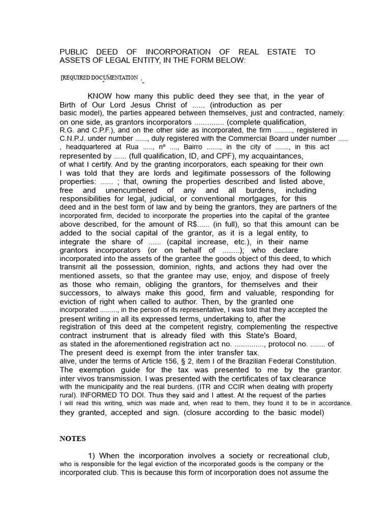 Public Deed of Incorporation of Real Estate To The Assets of A Legal ...