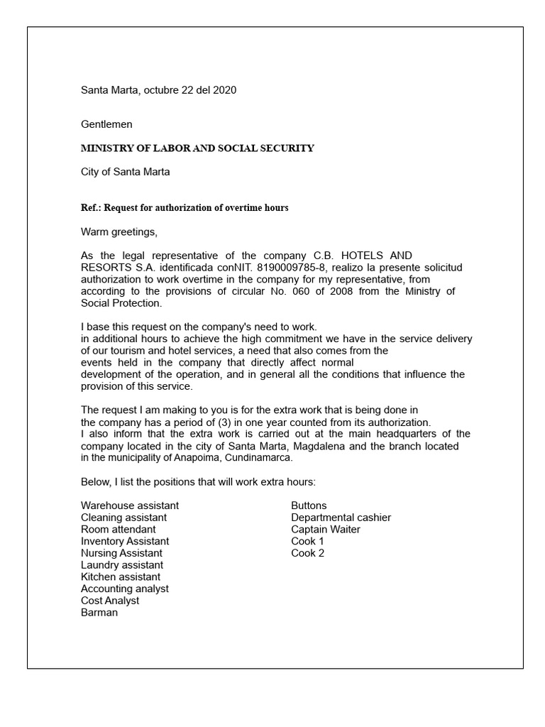 Letter of Request For Overtime Hours | PDF