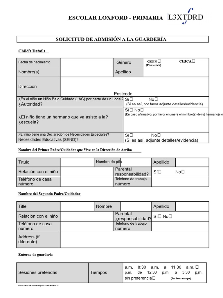 Formulario de Admisión para La Escuela Infantil | PDF | Cuidado de los ...