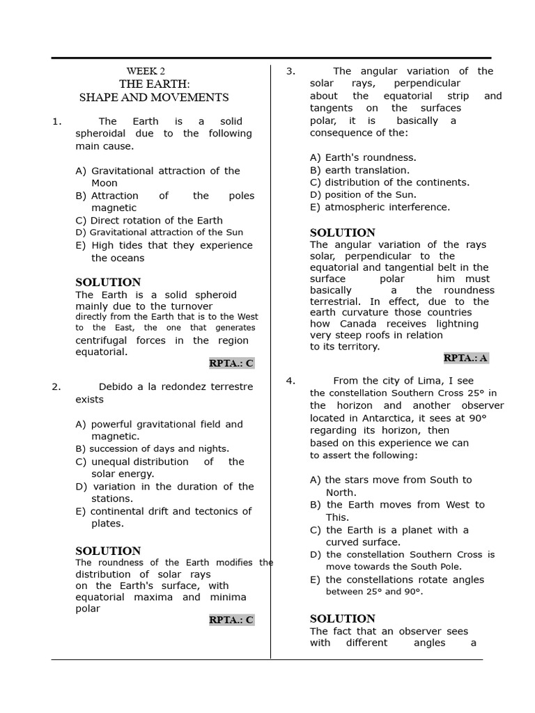 Answer Key Week 2 Shape and Movements of The Earth | PDF | Earth | Equator