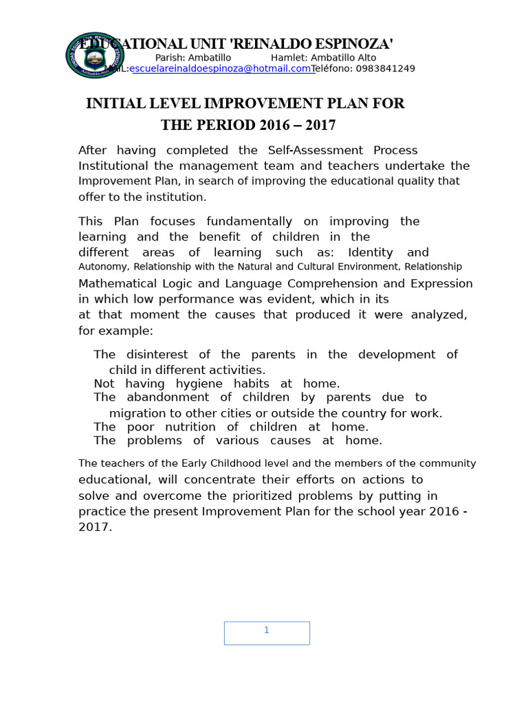 Initial Improvement Plan | PDF | Learning