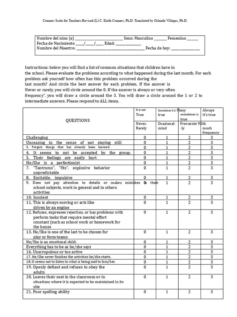 Conners Teacher Rating Scale Overview | PDF | Attention | Questionnaire