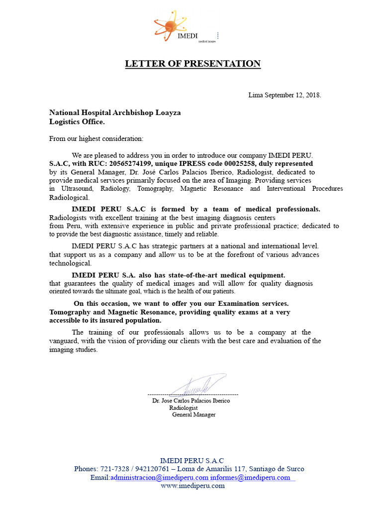 Presentation Letter Hospital Loayza | PDF | Medical Imaging | Radiology