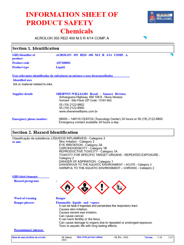 14- Safety Data Sheet - 2023.03.08 - ACROLON 355 RED 400 M.5 R 414 COMP. A.pdf | PDF | Toxicity ...