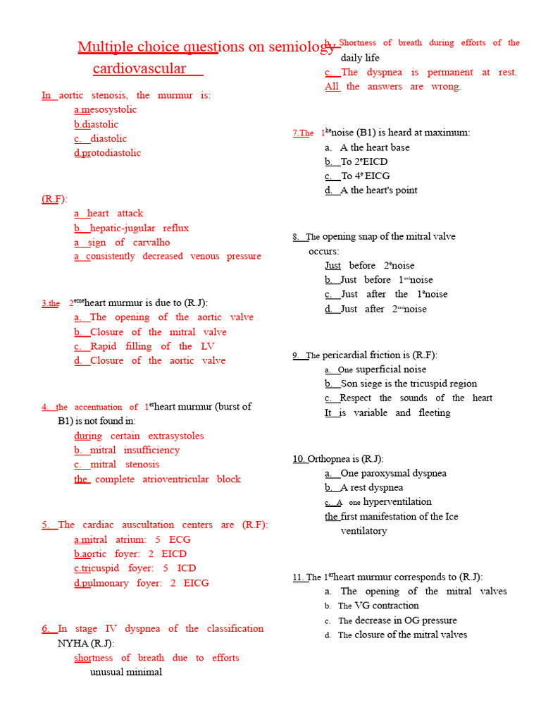 1 Cardiovascular Semiology MCQ | PDF | Heart | Blood Pressure