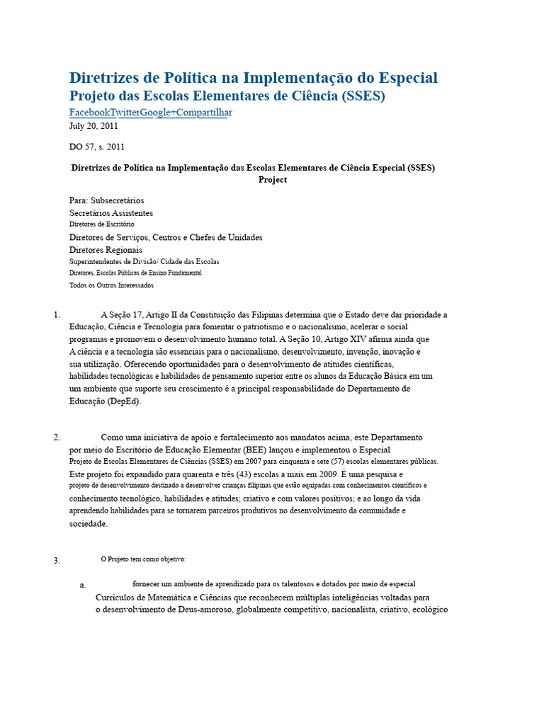 Diretrizes de Política na Implementação das Escolas Elementares de ...
