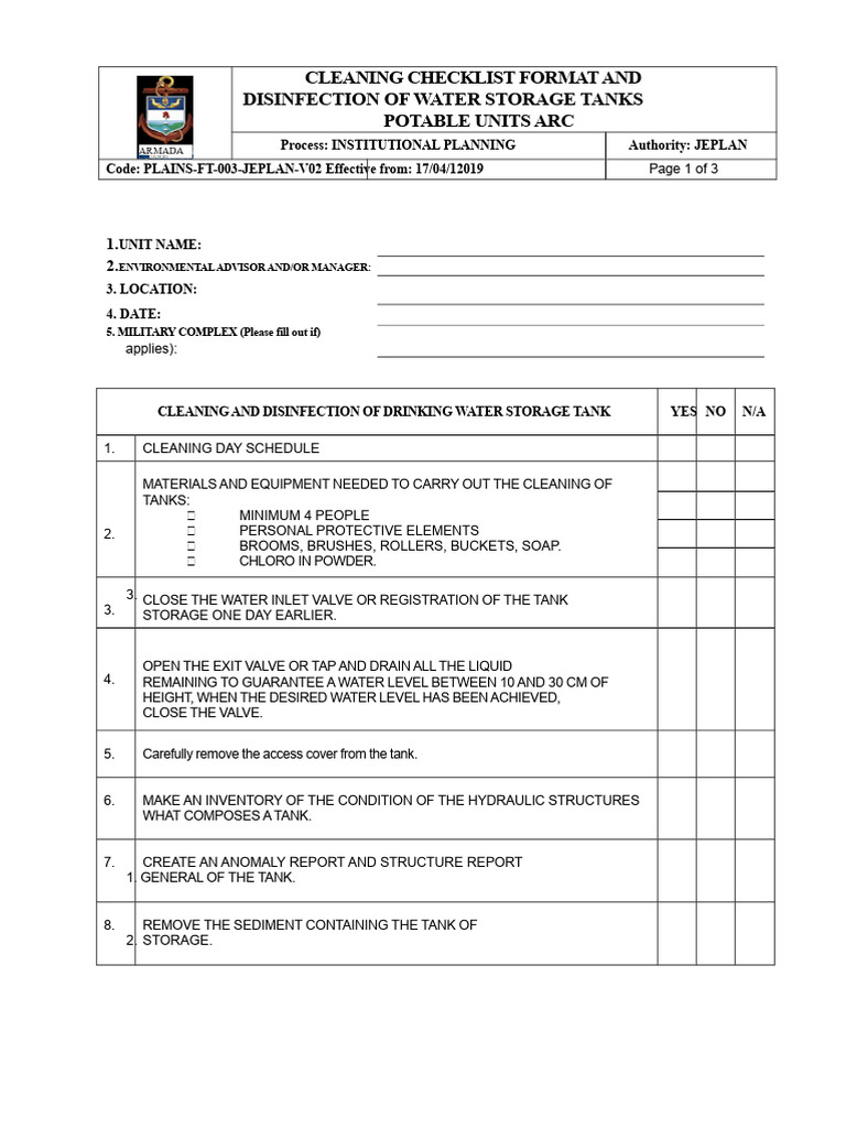 Water Storage Tank Cleaning Checklist | PDF | Water | Drinking Water