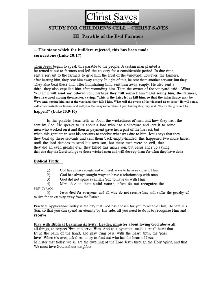 Children's Outline 3 Parable of the Evil Farmers | PDF | Jesus | God In ...
