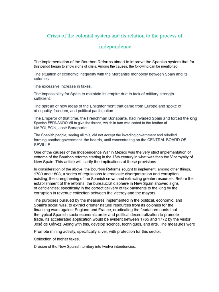 Crisis of the Colonial System and Its Relationship with the ...