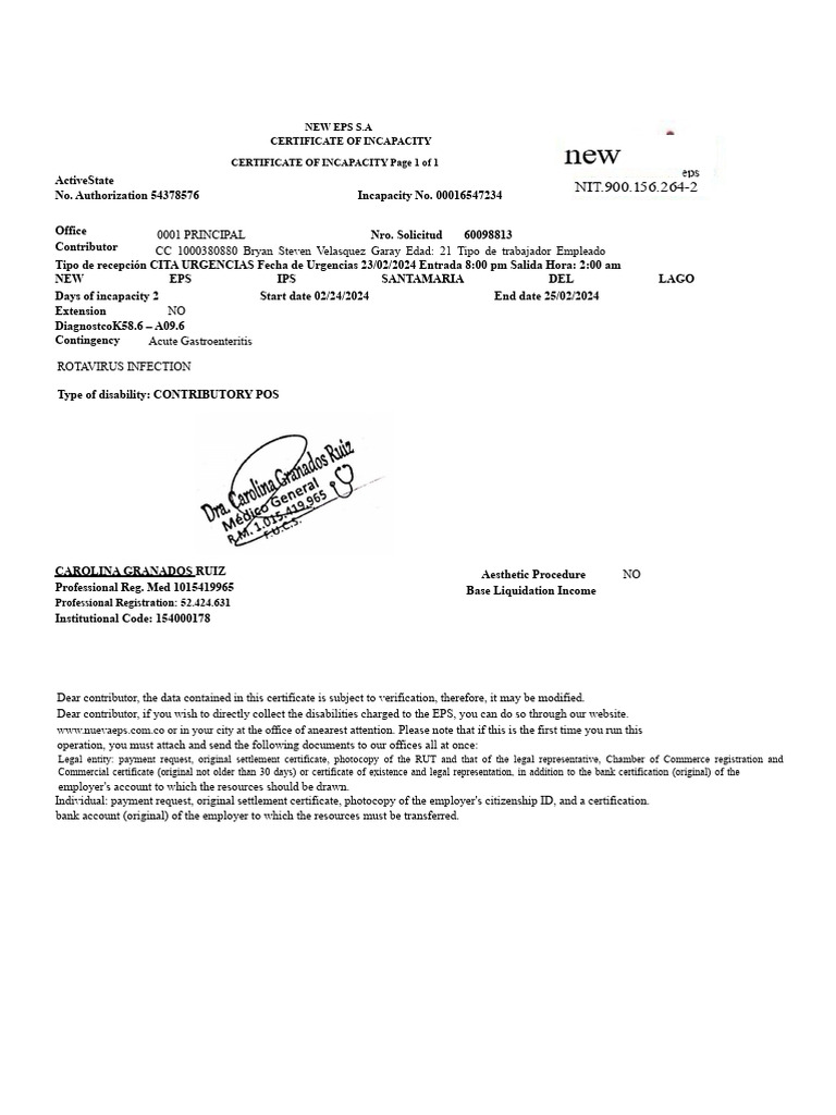 Certificate of Incapacity for EPS S.A. | PDF