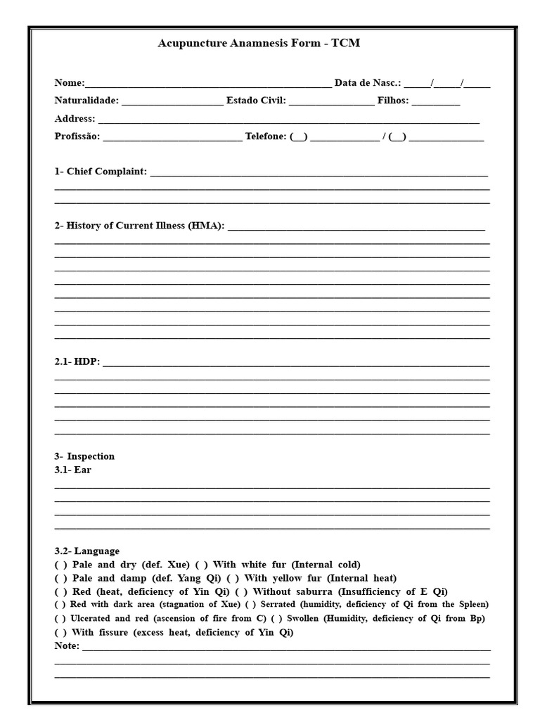 Acupuncture Anamnesis Form | PDF | Traditional Chinese Medicine ...