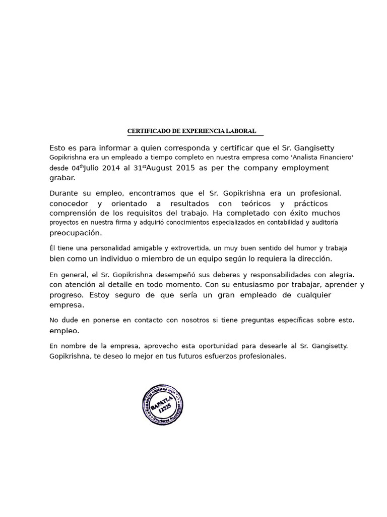 Certificado de Experiencia Laboral | PDF