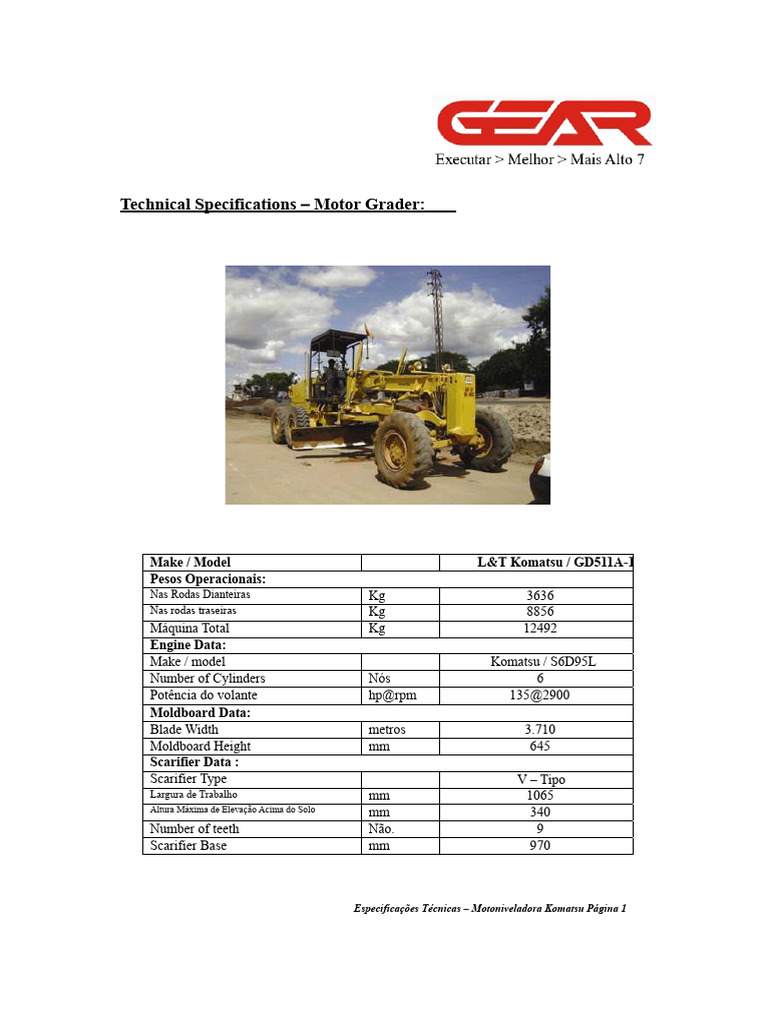 MotorGrade L&T Komatsu GD511A 1 Especificações Técnicas[1] | PDF | Pneu ...